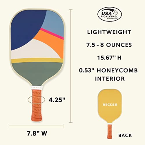 Recess Pickleball Paddle - USA Pickleball Association Approved Racket - with Honeycomb Core, Fiberglass Exterior, Canvas Covers, & Comfort Grip - Premium and Lightweight
