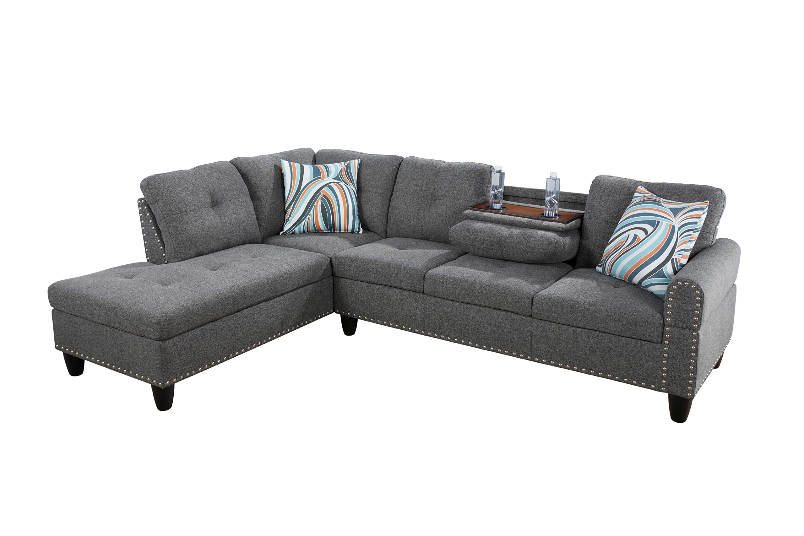 LOPOO 97" Linen Fabric L-Shaped Modular Sectional Sofa, Left-Facing Upholstered Couch with 69" Chaise Lounge, Button Tufted Design, Foldable Backrest with Cup Holders, Grey Living Room Furniture Set