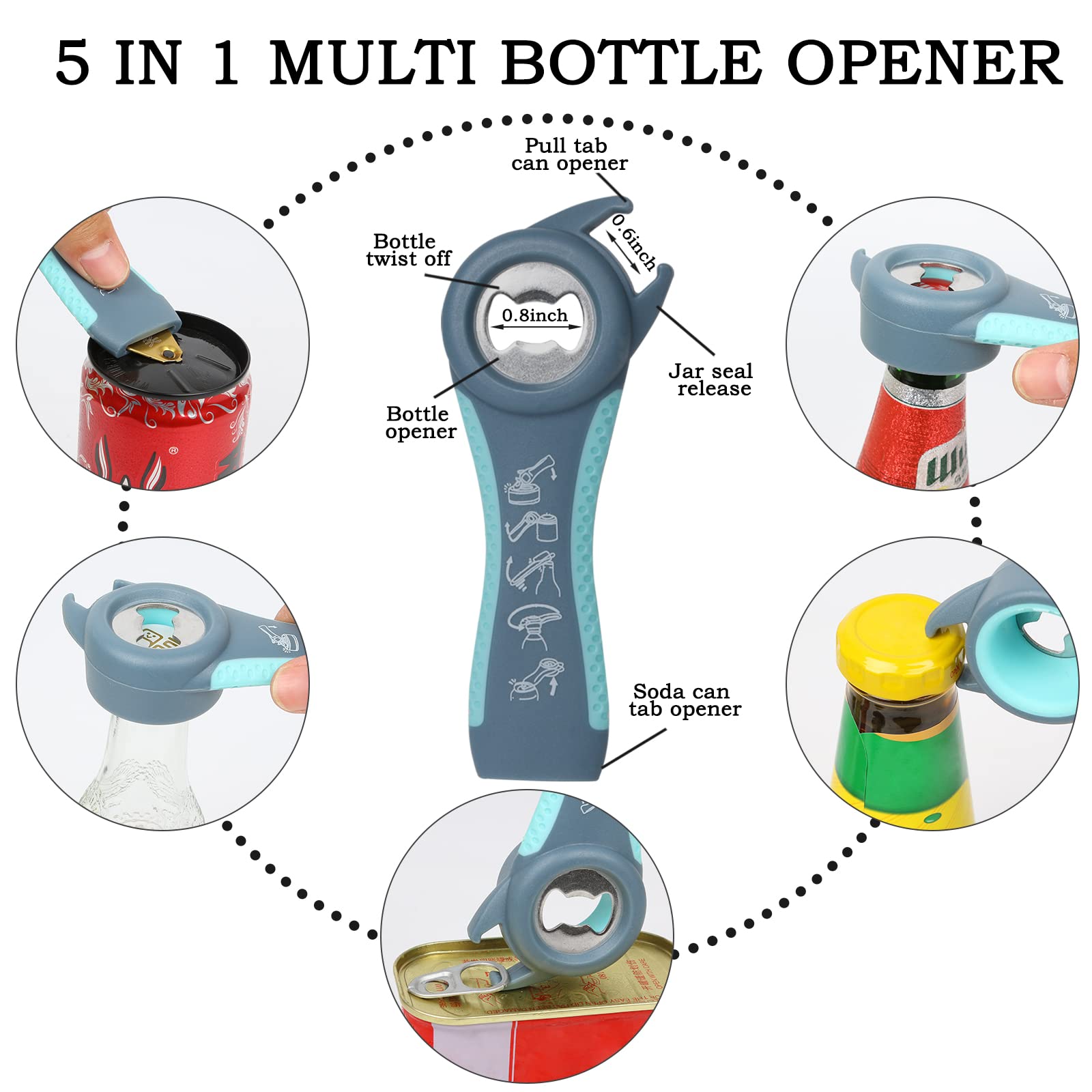Jar Opener Bottle Opener,5 In 1 Multi Function Can Opener-Ergonomic Multifunctional Kitchen Tools Set For Weak Hand, Children,Elderly, Seniors, Arthritis Sufferers 2 Pack