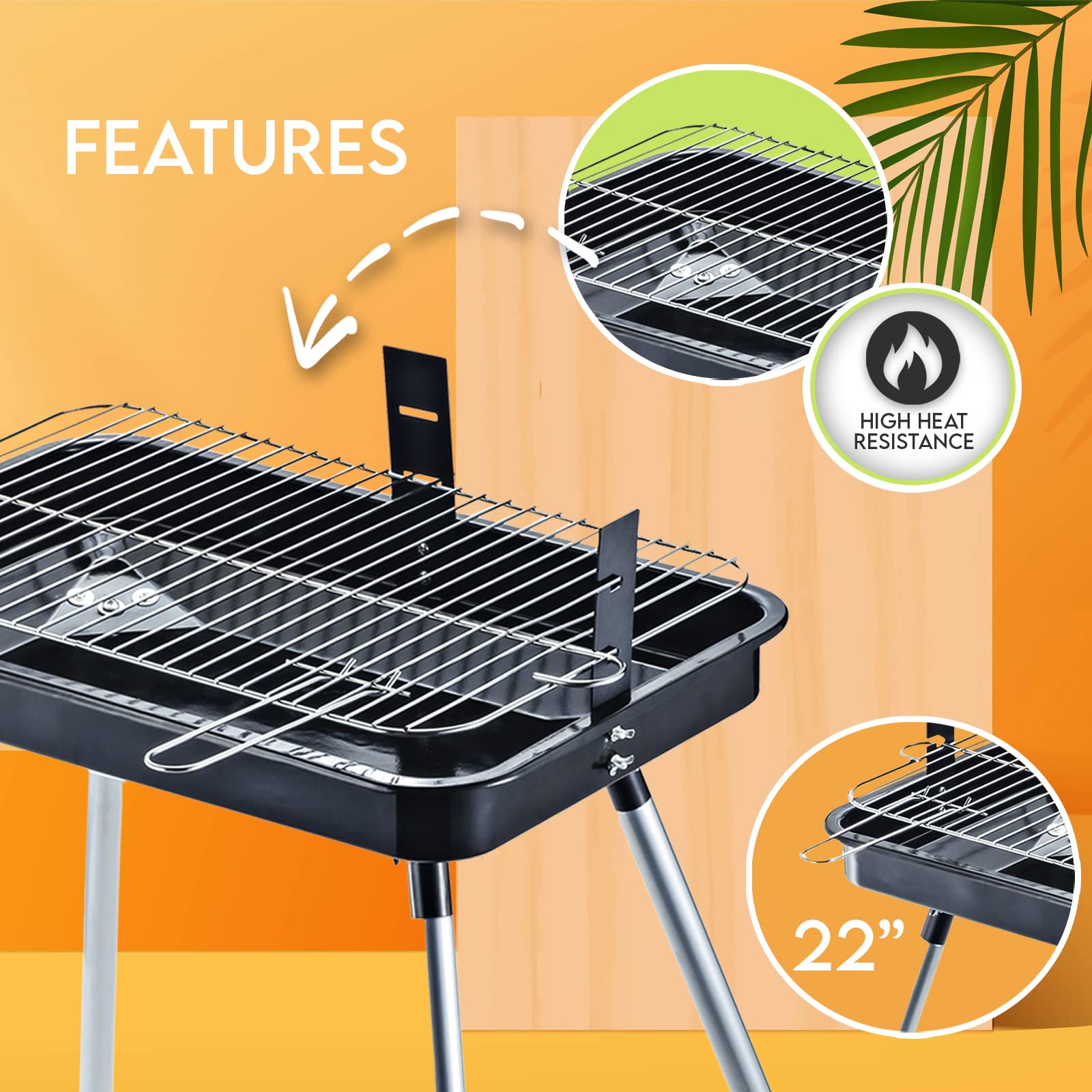 PAMI Portable BBQ Charcoal Standing Grill - 22” Rectangle Medium Grill For Courtyard, Backyard Patio, Camping, Tailgating & Picnics- Lightweight Metal Outdoor Cooking Grill For Steaks, Veggies & More