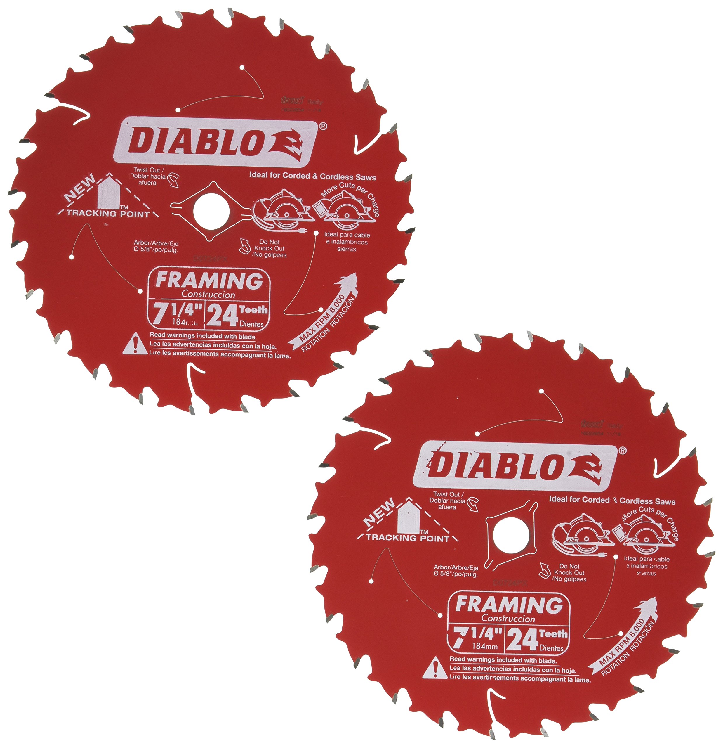 Freud D0724PX Diablo ATB Framing and Ripping Carbide Circular Saw Blade with 5/8-Inch Arbor, 2-Pack