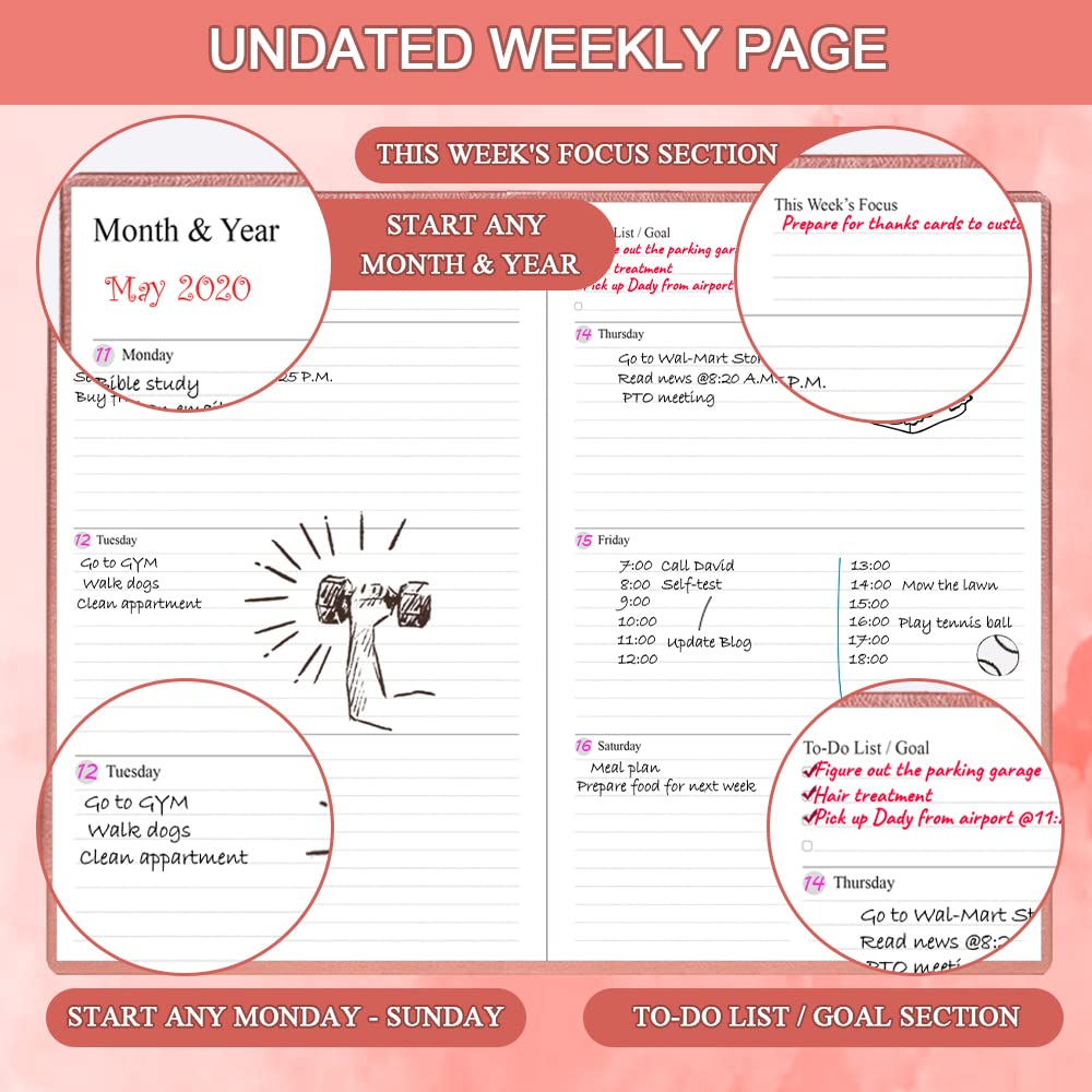 Hardcover Undated Planner for Any Year - Weekly & Monthly Planner & Journal to Track Goals, Perfect to Organize Your Daily Life, 5.85" x 8.25", Rose