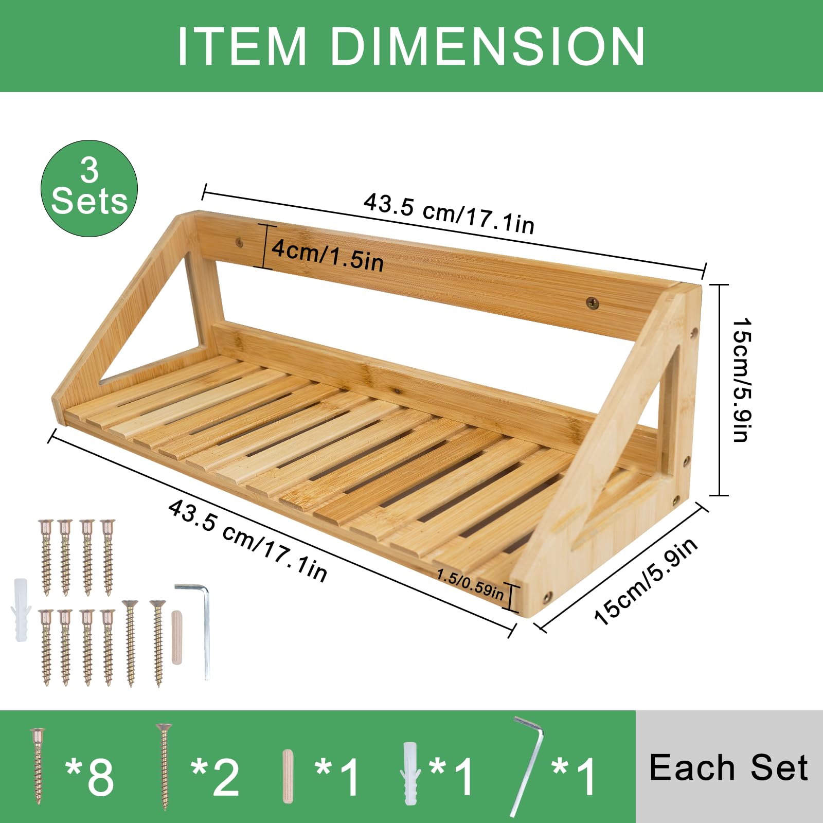 ONEHAUS Floating Shelves Wall Mounted, 3 Pcs Solid Bamboo Wall Hanging Rack Holder, Wall Storage Shelves for Bedroom, Living Room, Bathroom, Kitchen, Office Decor