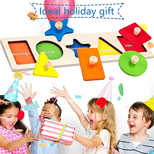 Geometric Shape Pegged Puzzle Learning Montessori Educational Preschool Toys Wooden Shape Peg Puzzles with Knobs for Toddlers and Preschoolers Ages 12 Months Up