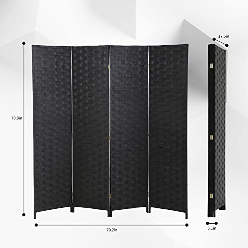 Room Divider 6FT 4 Panels Wall Divider Privacy Screen Wood Mesh Hand-Woven Design Room Screen Divider Indoor Folding Portable Partition Screen (Black)