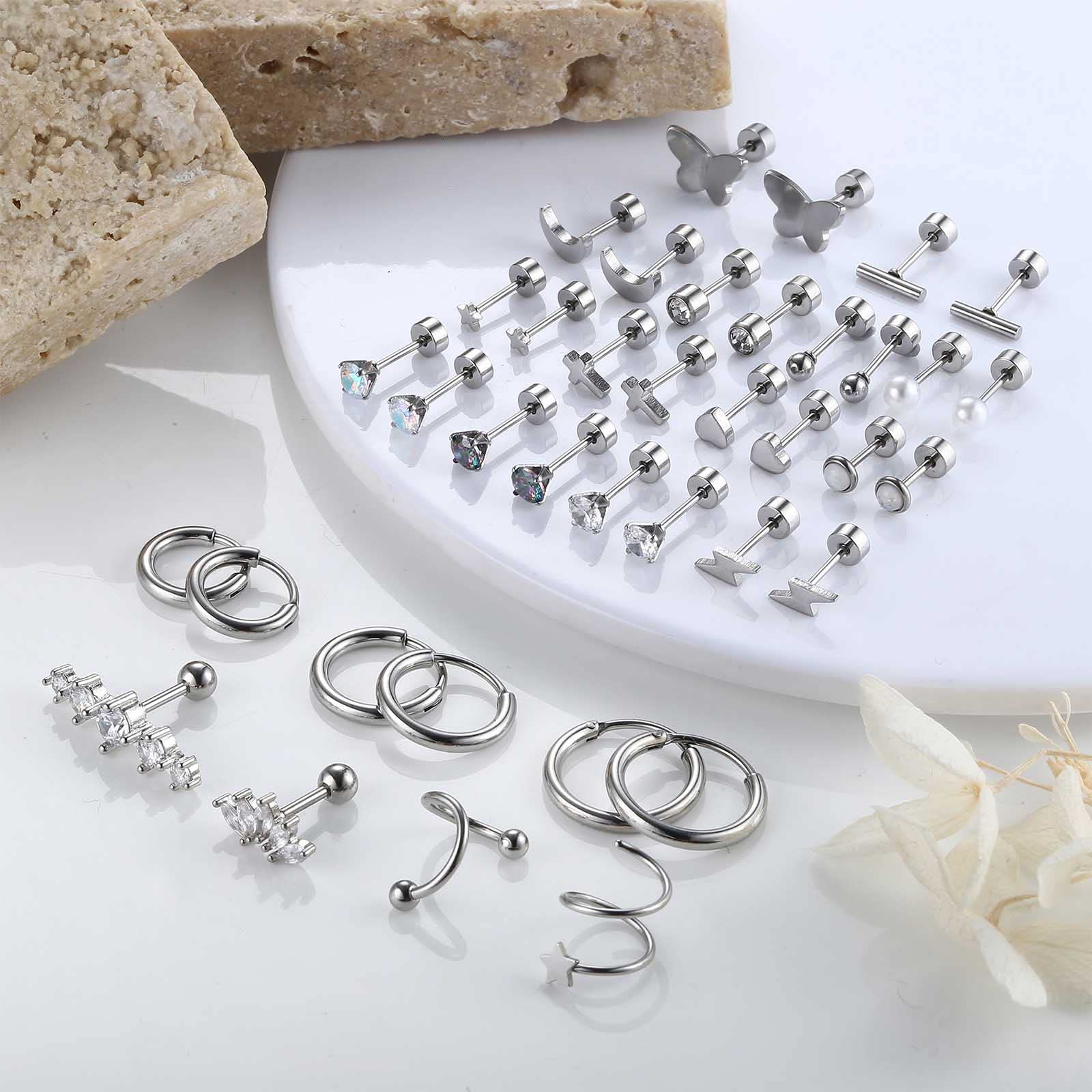 Jstyle 20G Stainless Steel Stud Earrings for Women Men Star Moon Heart CZ Flat Back Earrings Set Cartilage Earrings Hoop Small Flatback Earrings Stud Tragus Helix Daith Piercing Jewelry Silver Tone