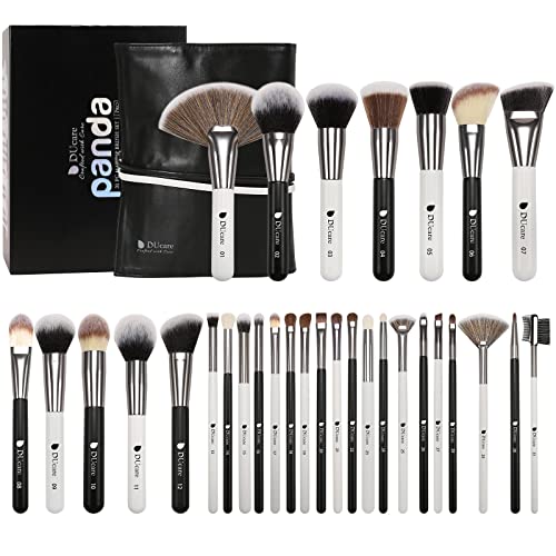 DUcare Professional Makeup Brushes Panda Series Makeup Brush Set Valentines Day Gifts 31Pcs Kabuki Foundation Blending Face Powder Blush Concealers Eye Shadows With Leather Case Organizer