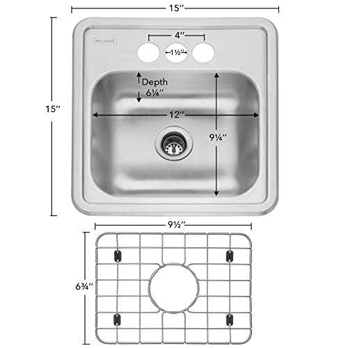 Miligoré 15" x 15" Single Bowl Top-Mount Drop-in 22-Gauge Stainless Steel Bar/Prep/Utility Sink - Includes Drain/Grid