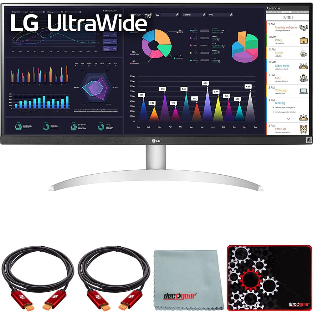 LG 29WQ600-W UltraWide FHD 29 inch Computer Monitor with HDR10 and AMD FreeSync Bundle with Deco Gear HDMI Cable 2 Pack + Gamer Surface Mousepad + Screen Cloth