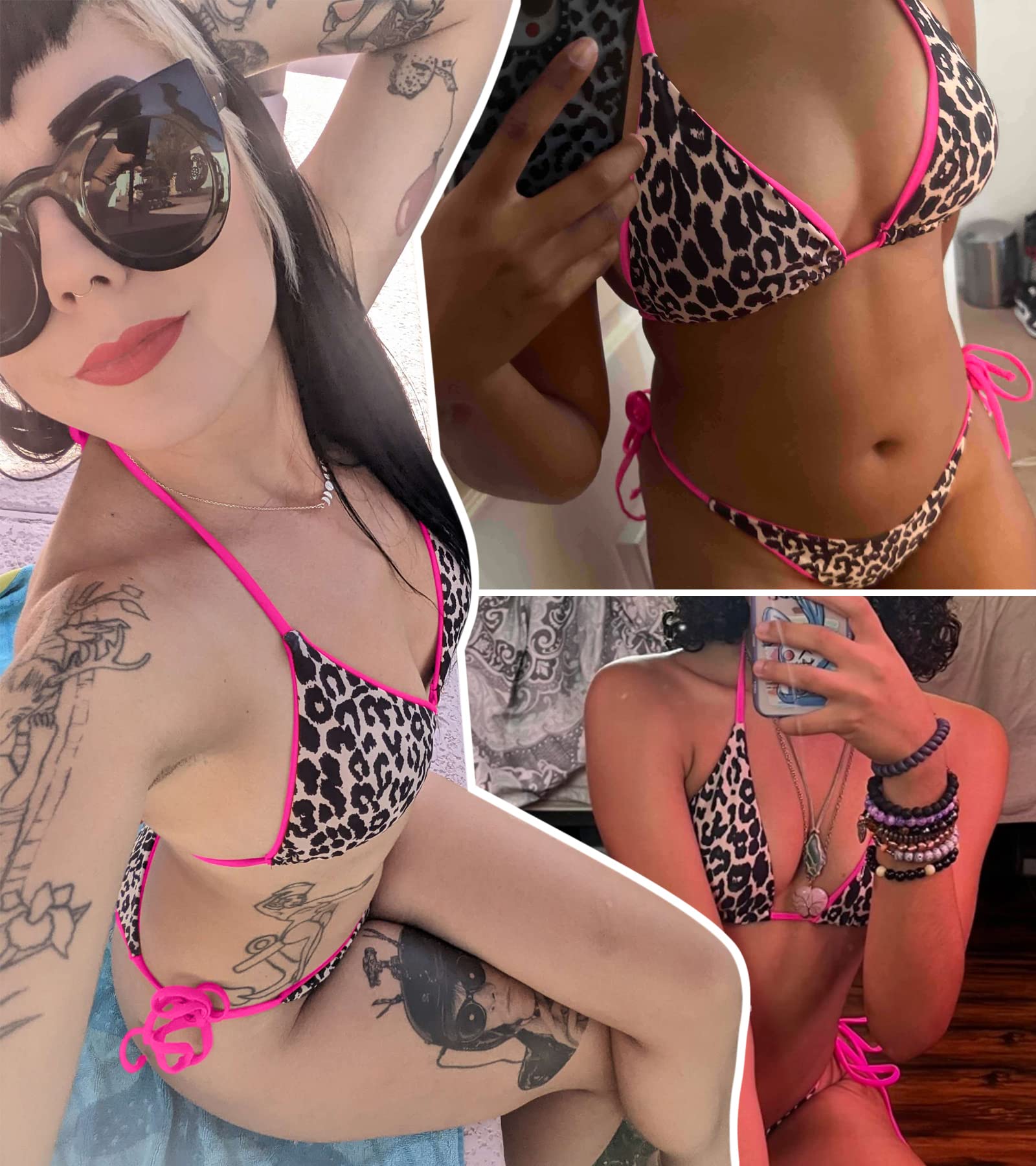 Ella Lust Triangle Bikini Sets for Women - Sexy Leopard Contrast Halter Top High Waisted Thong Bathing Suits 2Pcs Swimsuit(PinkLeopard,M,1084a)
