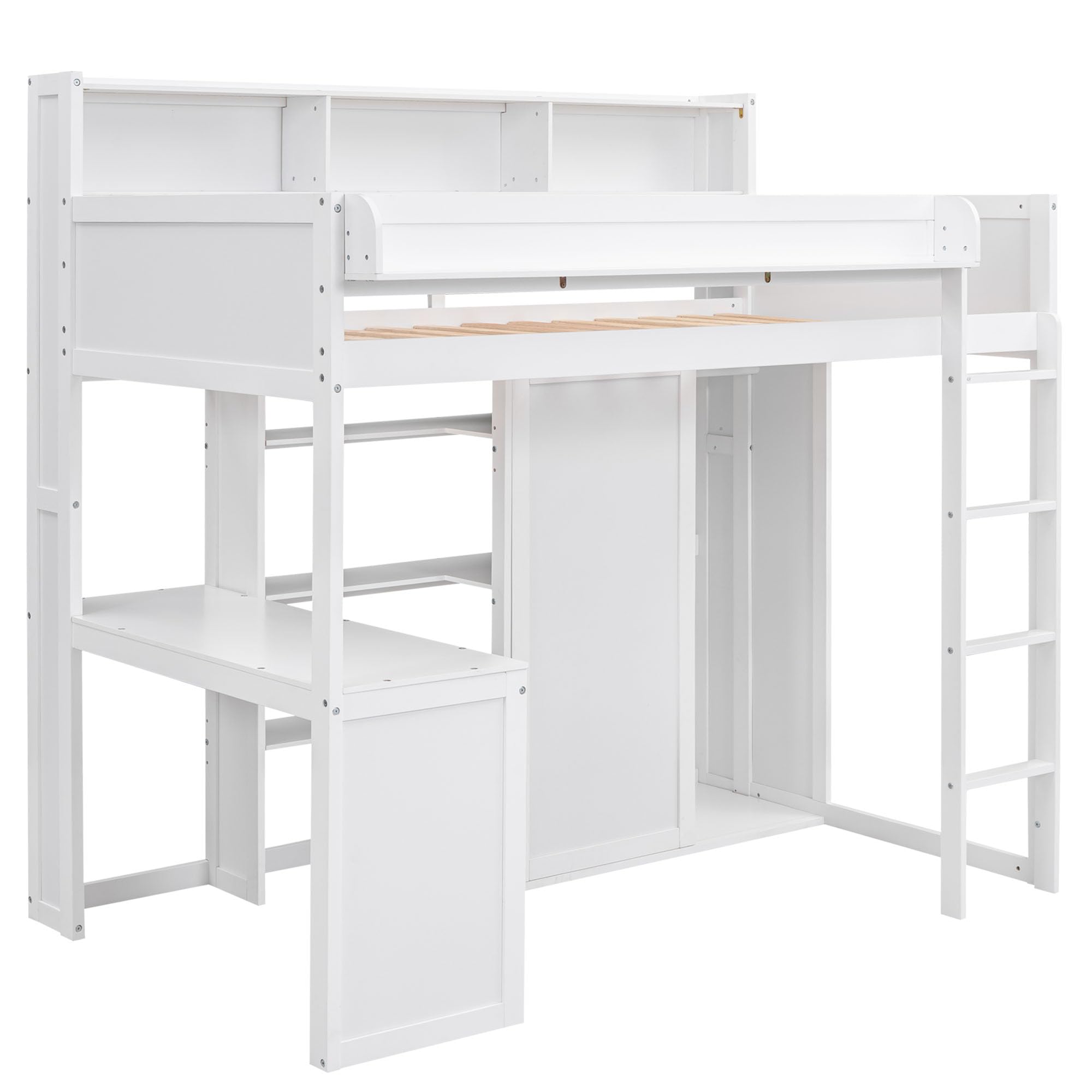 LostCat Twin Size Loft Bed with Wardrobe, Desk and Storage, Solid Wood Loft Bed Frame with Bookshelf, for Kids, Teens and Adults, No Box Spring Needed, White