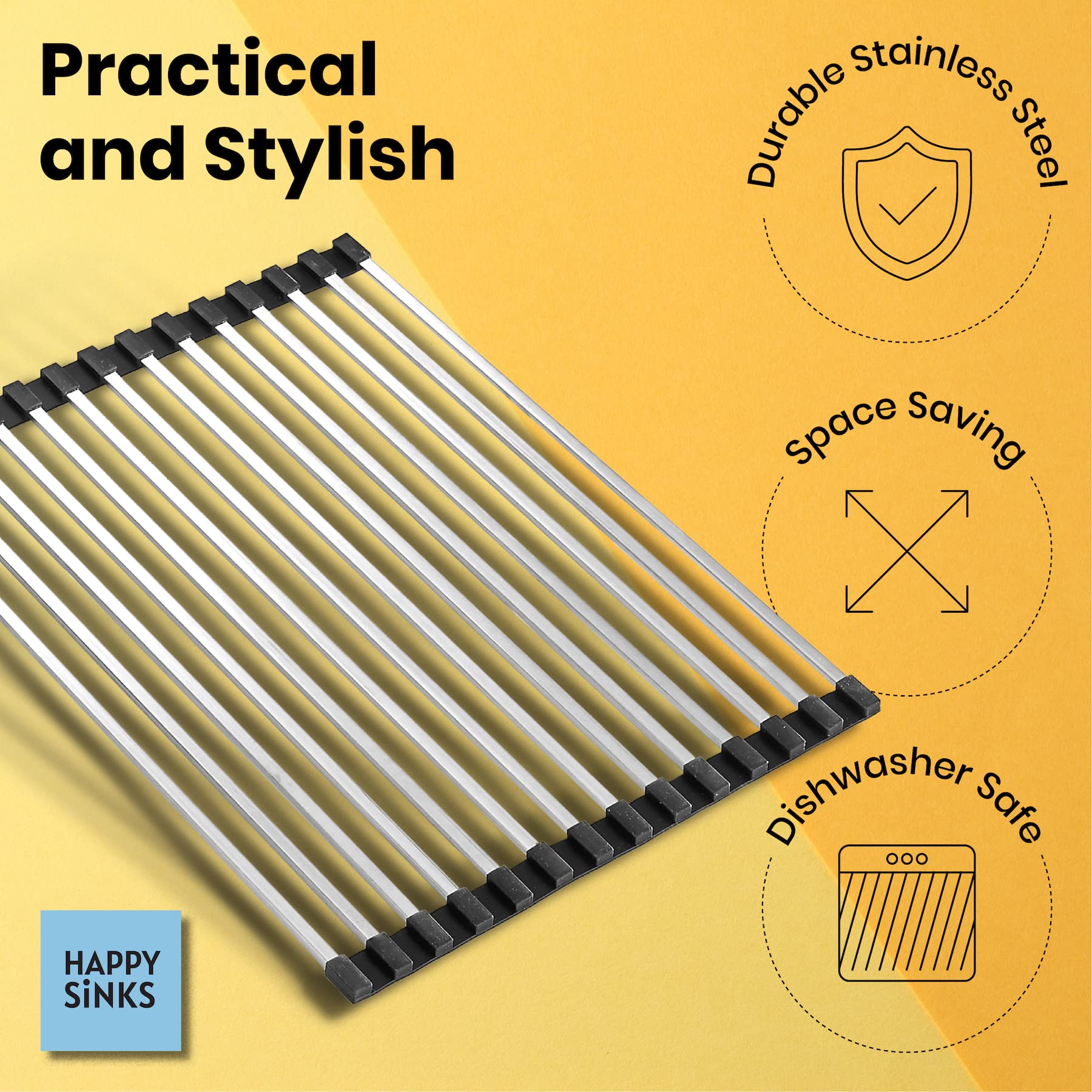 Happy Sinks Roll Up Dish Drying Rack - Foldable Stainless Design for Maximizing Kitchen Space - Over Sink Rack - Stainless Steel Over Sink Dish Drainer 18.1" x 12.6" - Drying Rack Kitchen (Steel)