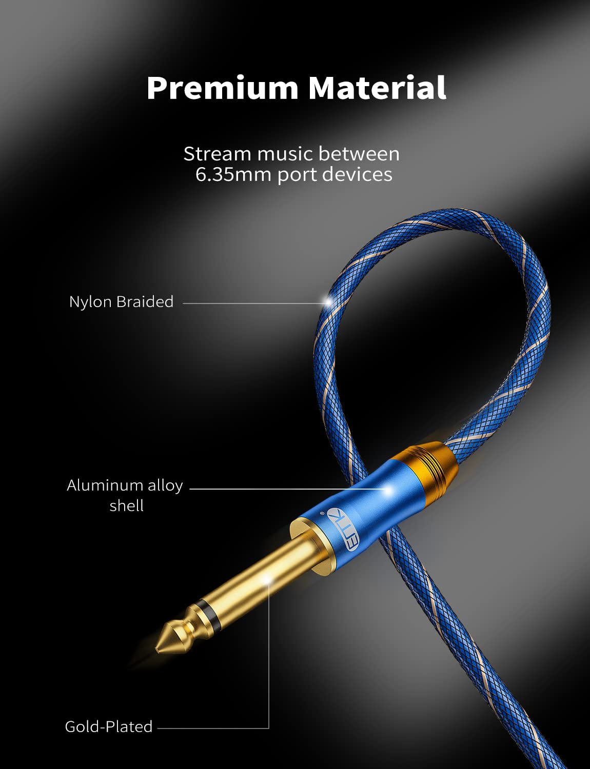EMK® Guitar Instrument Cable, 10 Ft - Custom Series with Premium Rean-Neutrik 1/4" Straight Gold Plugs,Blue