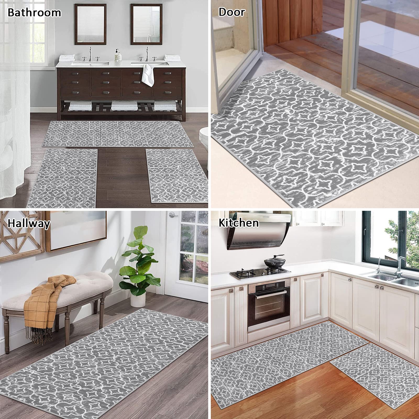 Ileading Kitchen Rugs Sets 3 Piece with Runner Soft Boho Kitchen Floor Mat Farmhouse Laundry Room Rugs and Mats Set Non Skid Washable for Kitchen Floor Office Sink Hallway
