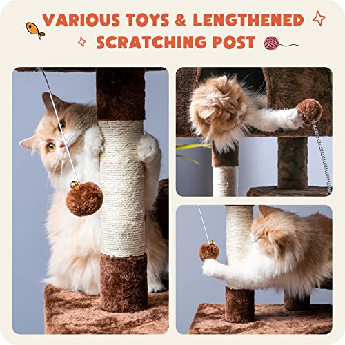 Quuzee Cat Tree for Indoor Cats - 63in Multi-Level Large Cat Tower with 2 Big Cat Condos, 2 Padded Perches, Hammock, 6 Sisal-Covered Scratching Post and Toys for Kittens Pet Play House, Brown