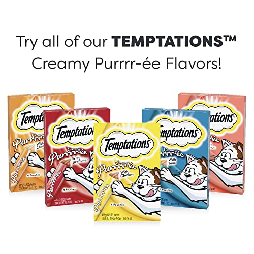 Temptations Creamy Puree with Chicken, Salmon, and Tuna, Variety Pack of Lickable Cat Treats, 0.42 Oz Pouches, 48 Count Variety Pack