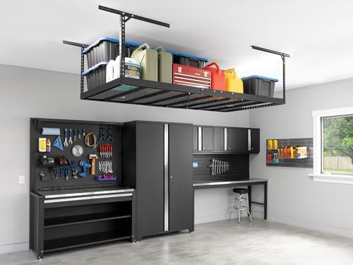 NewAge Products 4 ft. x 8 ft. VersaRac Pro Adjustable Overhead Garage Storage Rack, Heavy Duty Steel Garage Storage Organization, Ceiling Storage Racks, 800lbs Weight Capacity, (Black), 41200