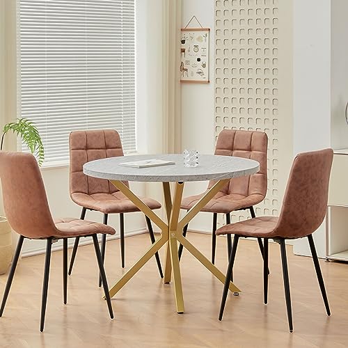 Round Dining Table, Modern Marble Kitchen Dining Table with Four Metal Legs, Marble Top Dining Table for Indoor Use Side Table for Kitchen Restaurant Living Room Casual Cafe（Grey）