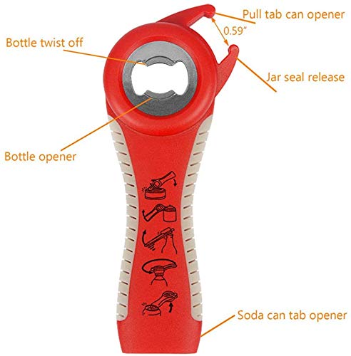 Jar Opener,Manual Can Opener,Bottle Opener Can Openers for Seniors with Arthritis,Weak Hands, 5-in-1 Multi Kitchen Tools Set for Children, Women and Seniors (Red)