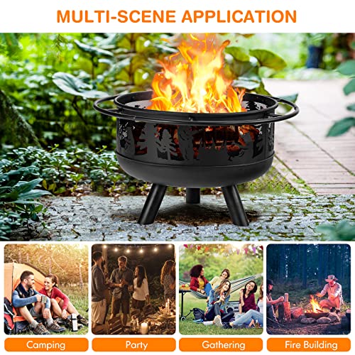 Giantex Round Fire Pit, 30 Inch Outdoor Wood Burning Fire Bowl with Fire Poker & Cooking Grill Grid, Spark Screen Cover, Heavy-Duty Metal Firepit for Patio Barbecue Camping Bonfire Party (Black)
