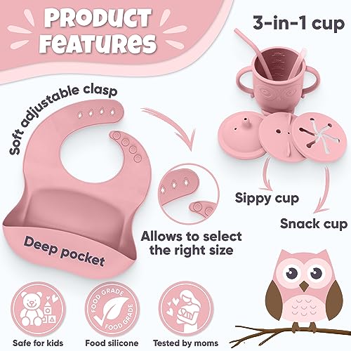 GIVWATER Owl-Themed Baby Led Weaning Supplies with Reusable Travel Cooler Bag, 16 pcs Silicone Baby Feeding BLW Set (Light Pink)
