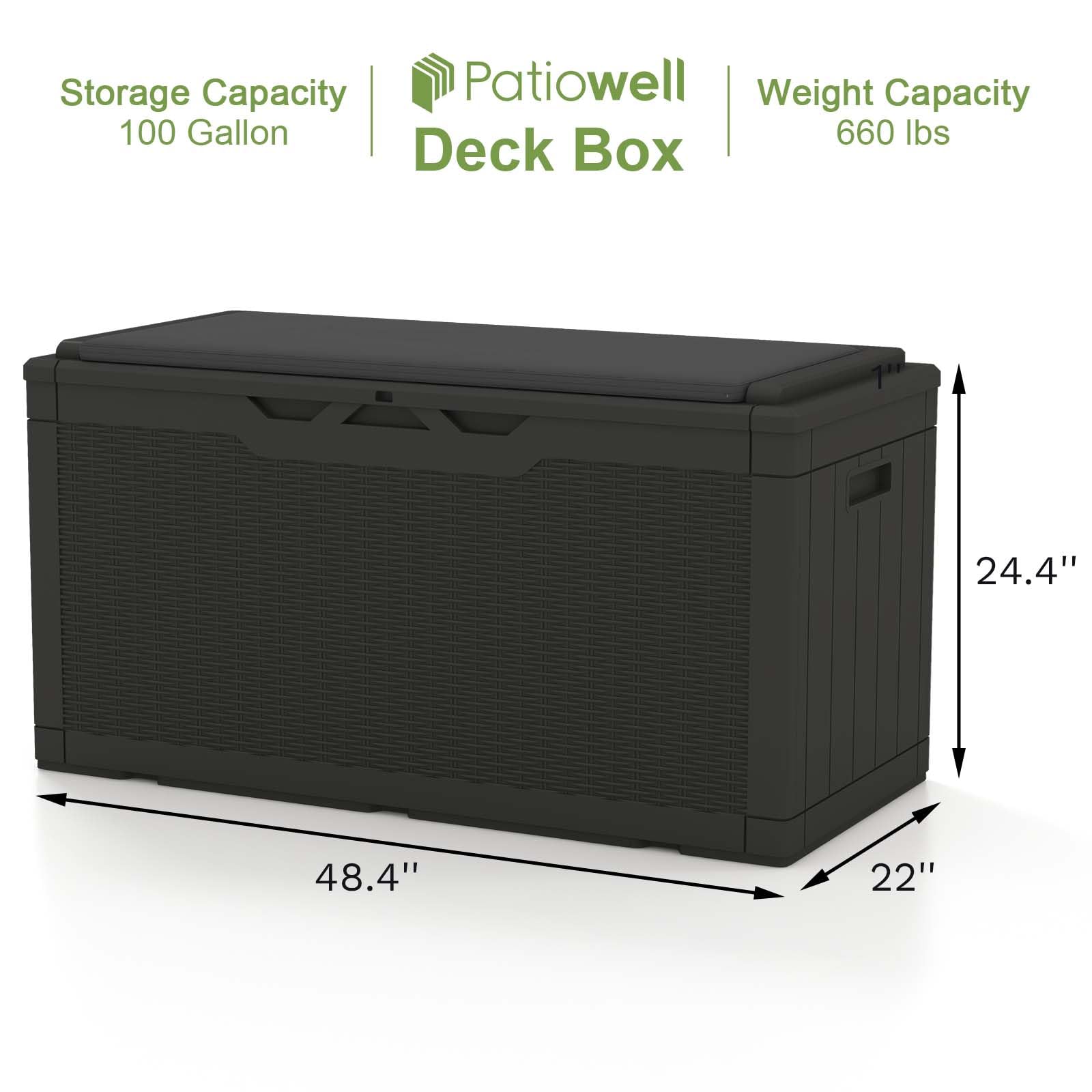Patiowell 100 Gallon Resin Deck Box with cushion, Waterproof Large Outdoor Storage Box for Patio Furniture and Garden Tools, Black