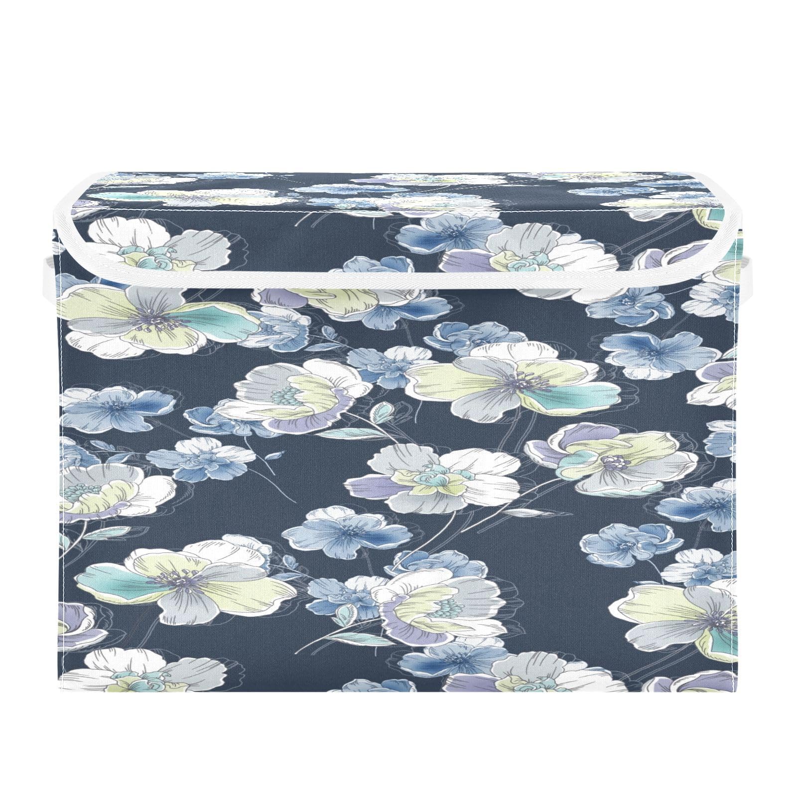 FUGIDOG Storage Boxes with Lids and Handles Watercolor Flowers Foldable Fabric Storage Bins Closet Organizer Large Toy Clothes Containers for Home, Bedroom, Shelves, Office