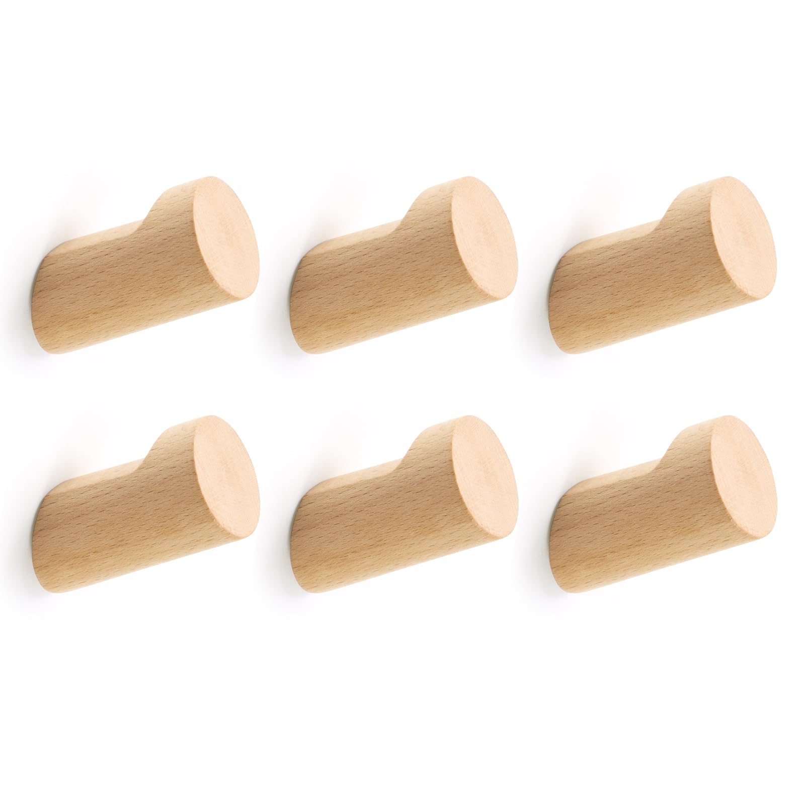 Optish Wood Wall Hooks for Hanging, 6 Pack Hat Hooks for Wall, Decorative Wall Hooks, Coat Hooks Wall Mounted, Heavy Duty Entryway Wall Hangers (Beech)