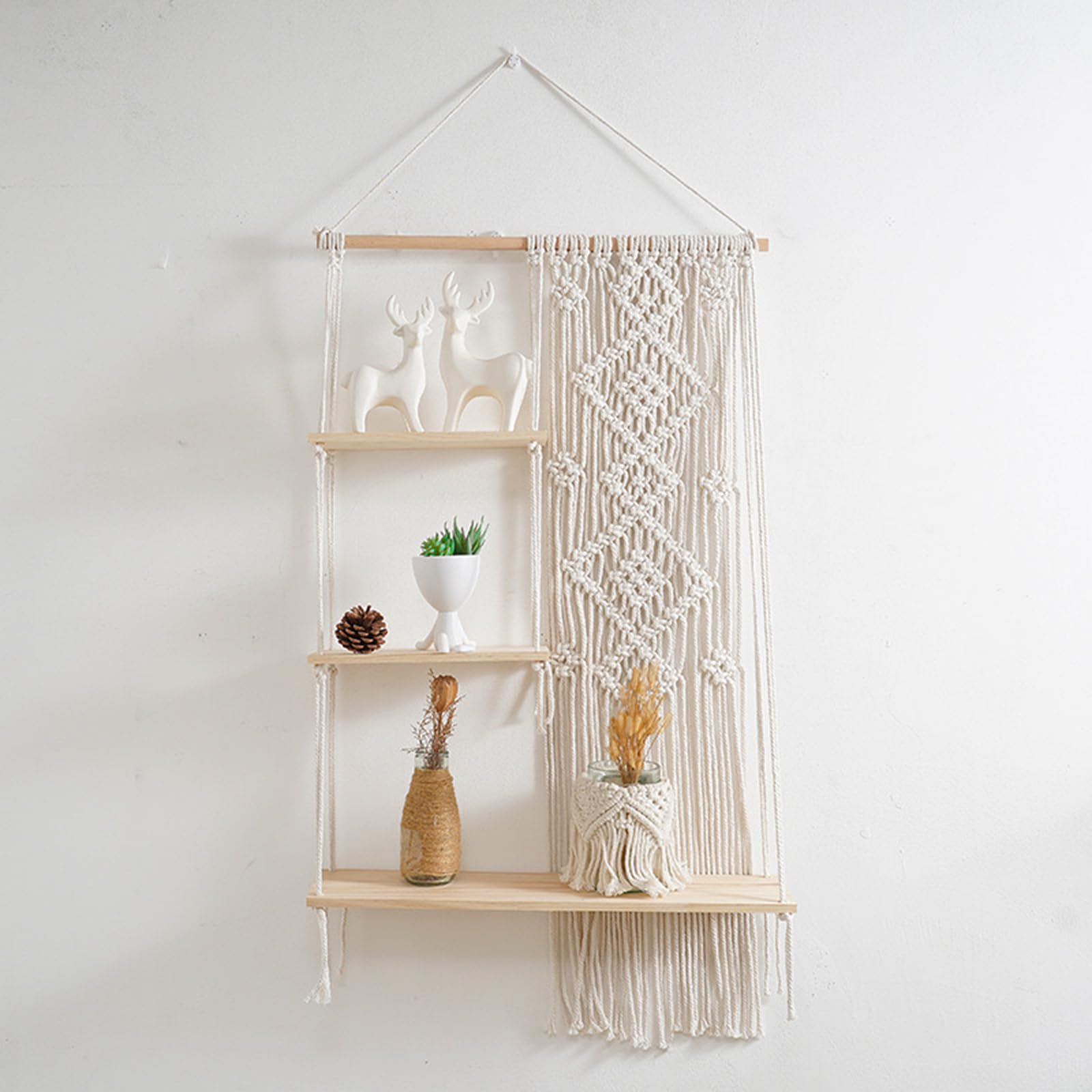 MIATTCLD Macrame Wall Hanging Shelf Boho Wood Floating Storage Shelf, 3 Tier Display Shelving for Hanging Plants Photos, Rustic Wall Decor with Tassel and Woven Rope for Home Bedroom Living Room