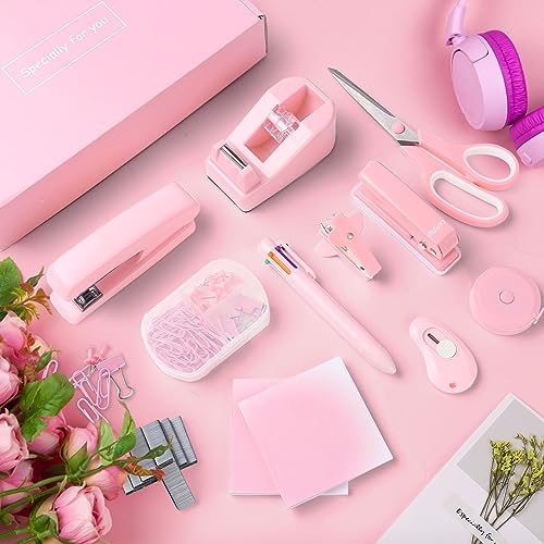 Pink Desk Accessory Kit Cute Office Supplies Set Desktop Stapler Set Includes Staple Remover Hole Punch Tape Dispenser Ballpoint Pen Scissor Mini Box Cutter Tape Measure Paper Clips Sticky Notes