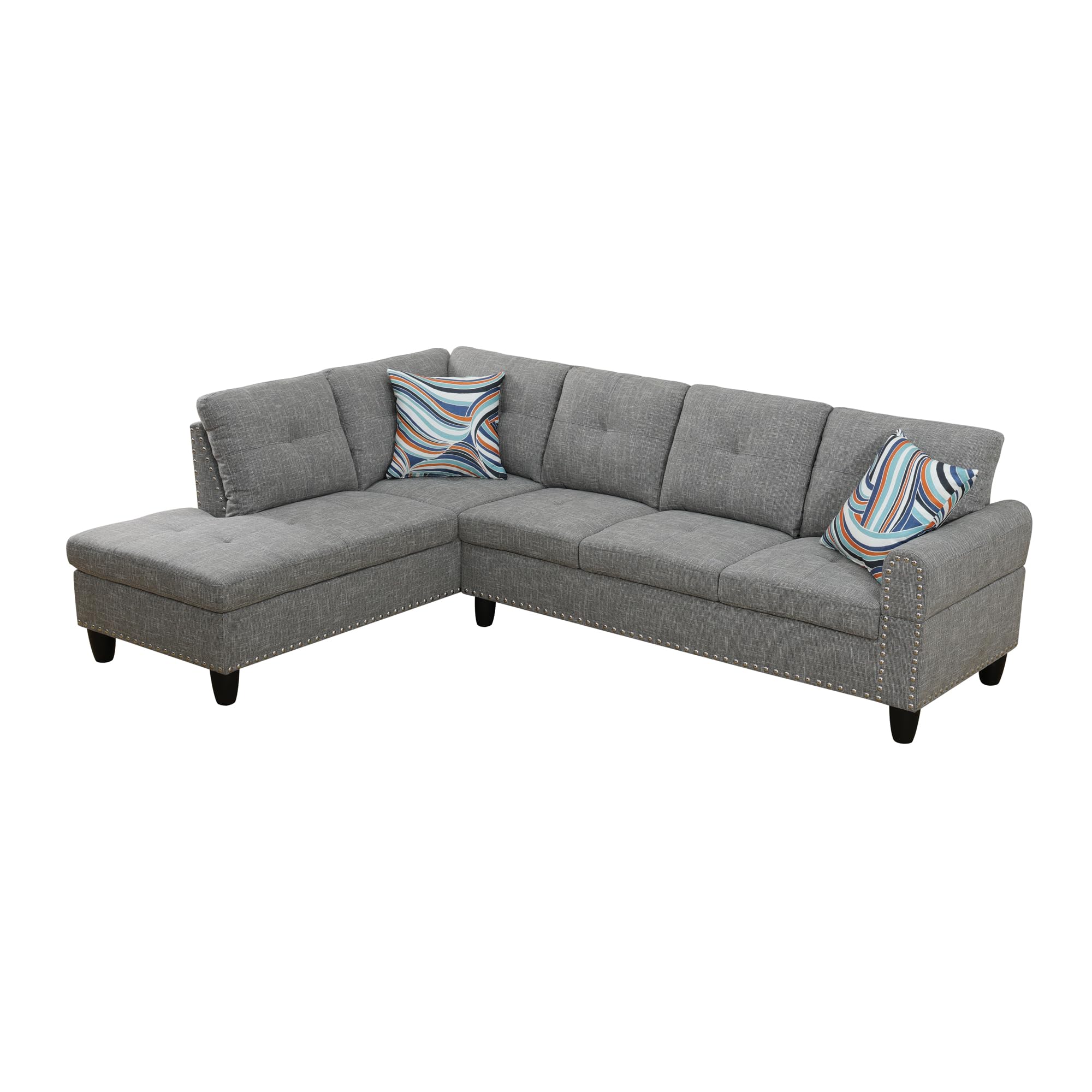 LOPOO 97" Linen Fabric L-Shaped Modular Sectional Sofa, Left-Facing Upholstered Couch with 69" Chaise Lounge, Button Tufted Design, Foldable Backrest with Cup Holders, Grey Living Room Furniture Set