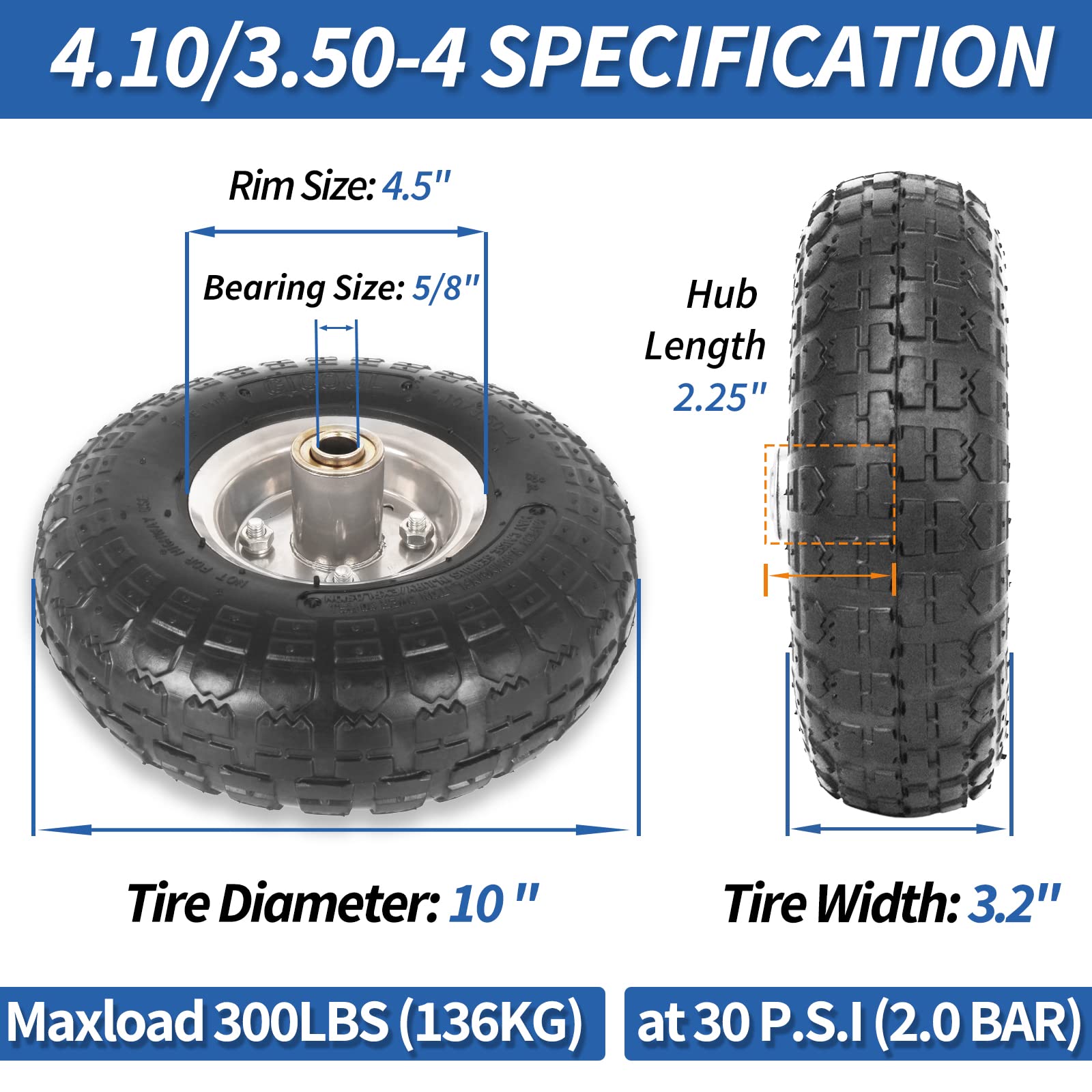 GICOOL 4.10/3.50-4" Tire and Wheel, 10" Pneumatic Tire, with 2.25" Offset Hub, 5/8" Axle Bore Hole, Sealed Bearings, for Hand Truck Trolley Dolly Garden Wagon Cart Wheel Replacement, 2 Pack