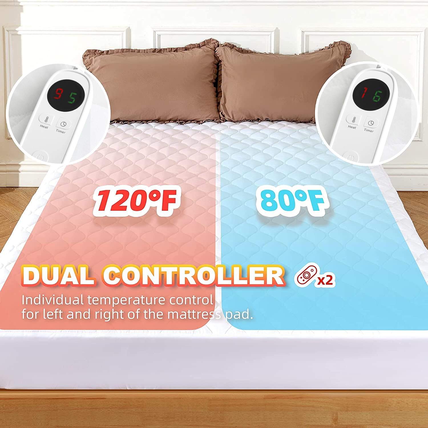 Heated Mattress Pad Queen Size with 9 Heat Settings Controller Quilted Electric Mattress Pad Fit Up to 21 Inch