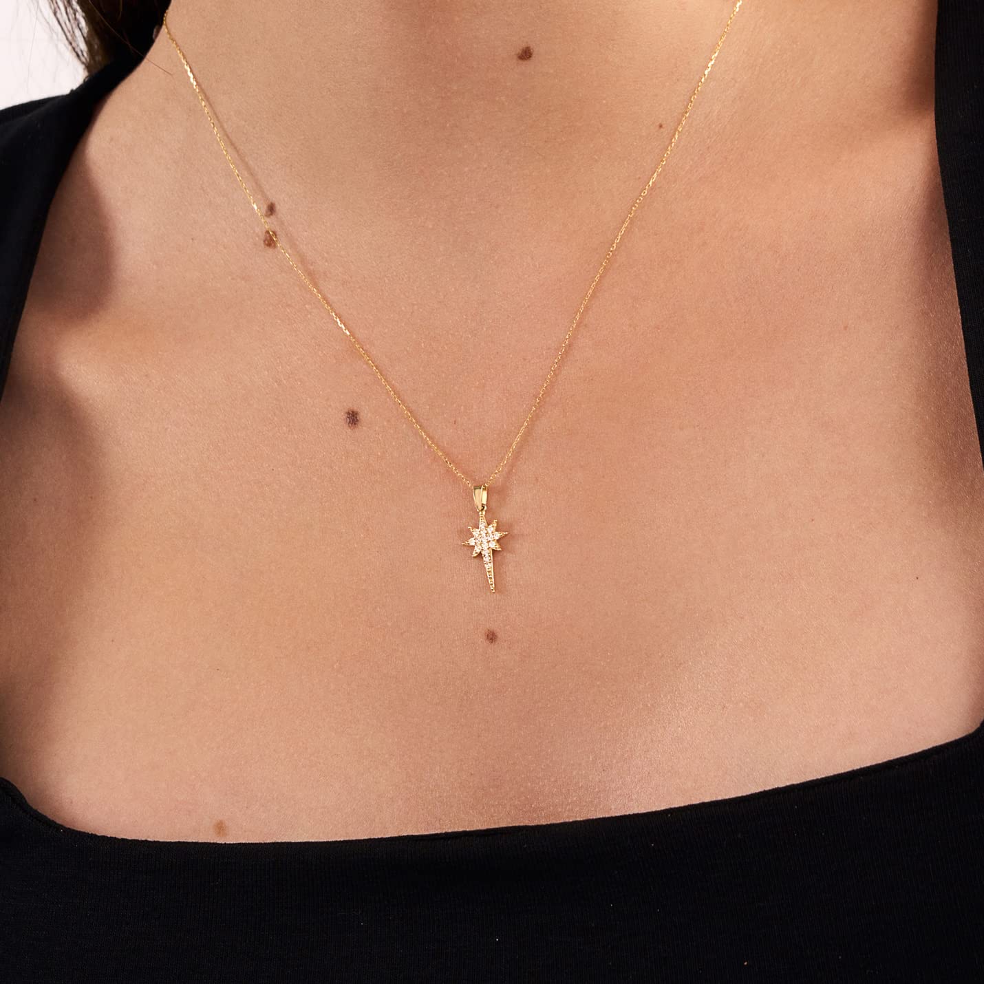 GELIN 14K Solid Gold North Star Necklace for Women | 14k Gold Celestial Necklace, 18"