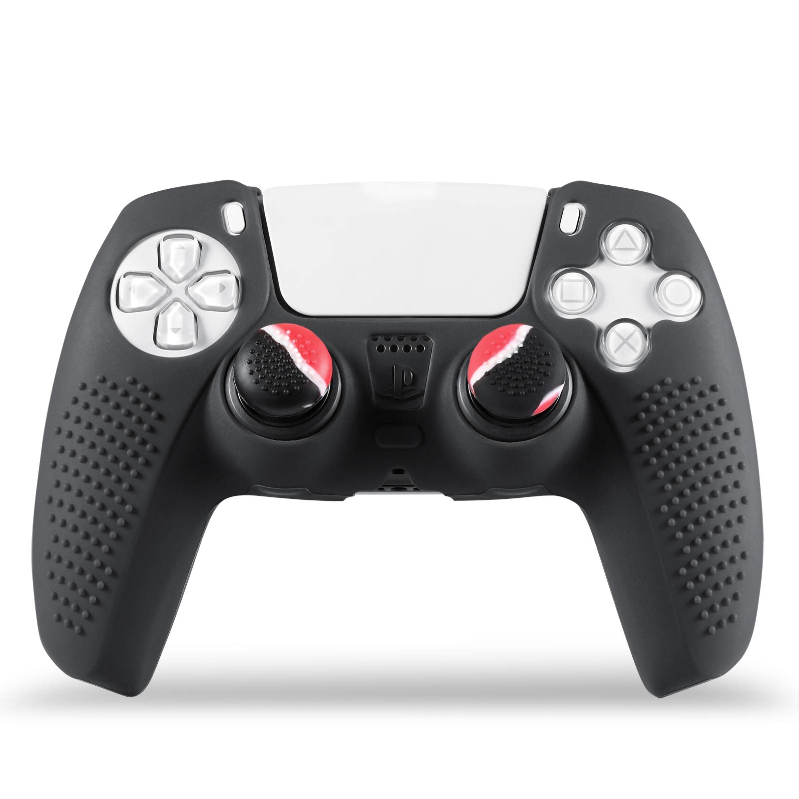 HJYuan PS5 DualSense Controller Skin 2 Pack - PS5 Controller Case Silicone Grip for Playstation 5 DualSense Controller (Controller Skin x 2 + FPS PRO Thumb Grips x 10) (Black and Camouflage Red)