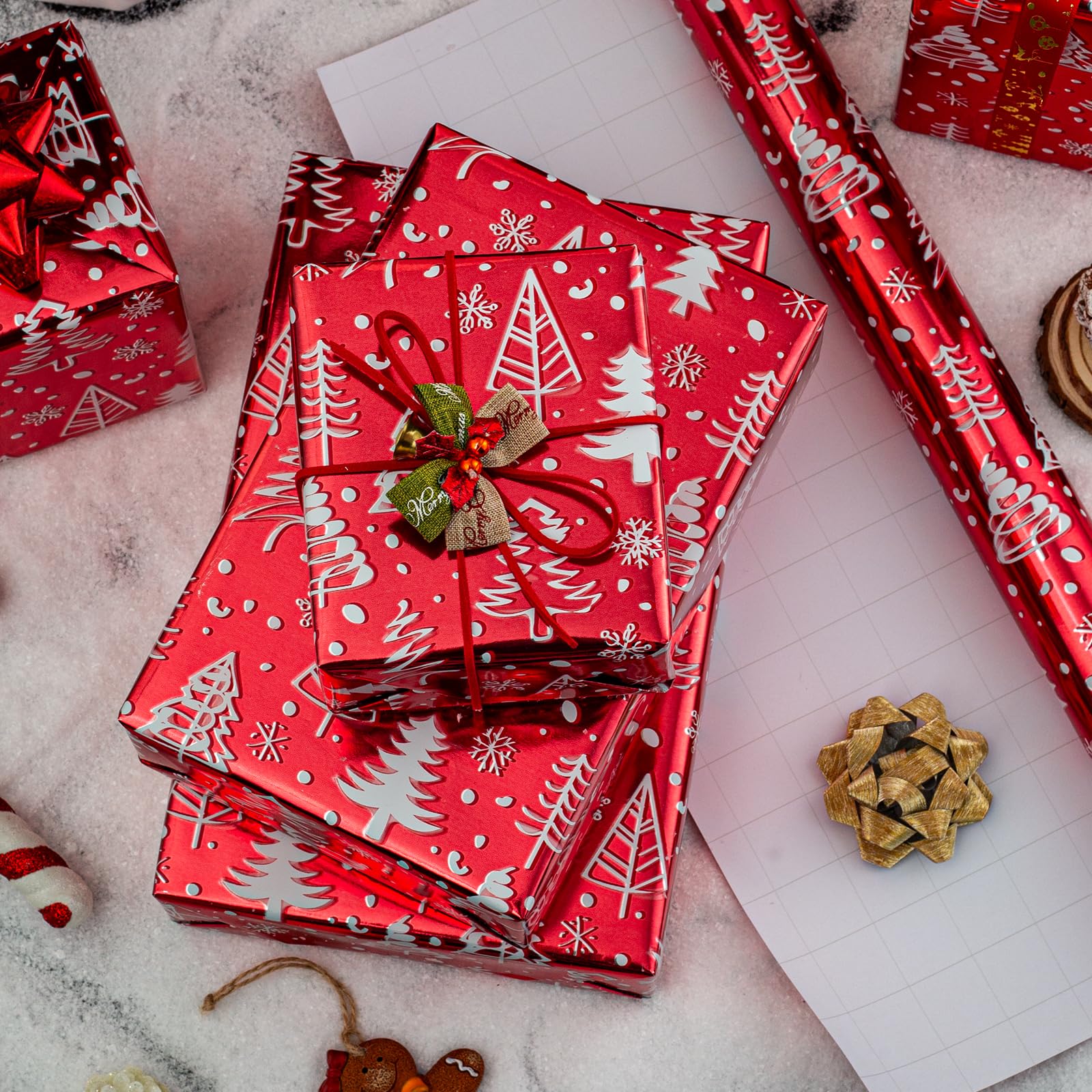 MAYPLUSS Christmas Red Wrapping Paper Roll - 17 Inch X 33 Feet - Luxury Metallic Shiny Red Christmas Tree and Snow Foil Roll Winter Holiday Gift Wrap Sheet for Party, DIY Crafts & Festive Decoration