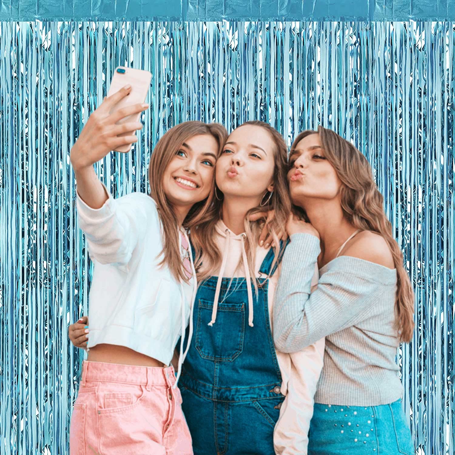 HalloweenDecorate 4 Pack Light Blue Foil Fringe Curtain Backdrop, 3.28Ftx8.2Ft Metallic Tinsel Streamer Curtains for Party, Photo Booth Props, Birthday, 2022 Graduation Decoration Party Supplies