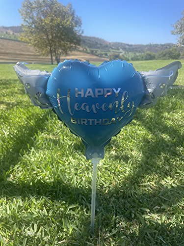 Heavenly Balloons on a stick Happy Heavenly Birthday blue balloon heart shaped with angel wings