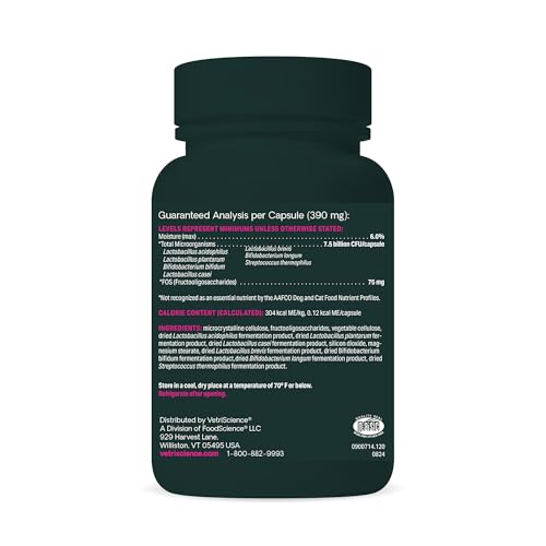 VetriScience Extra Strength Gut Health Easy-Open Capsules, Probiotic & Prebiotic Digestive Supplement for Dogs & Cats, Digestion, Gas & Diarrhea, Immune Support, 7.5 Billion CFU Per Capsule, 120 Count
