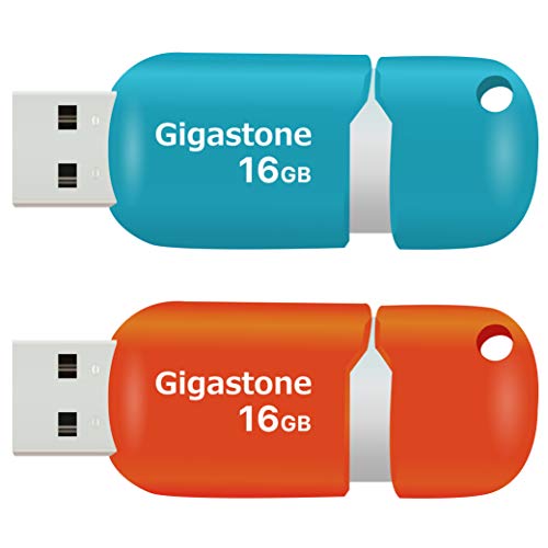 Gigastone V10 16GB 2-Pack USB 2.0 Flash Drive Thumb Drive Memory Stick Pen Drive Capless Retractable Design (Blue&Orange)