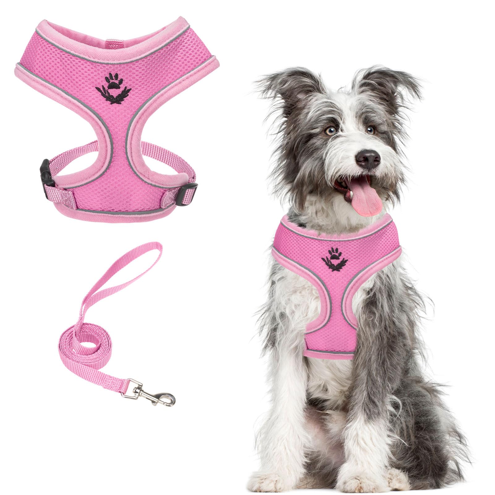 PUPTECK Soft Mesh Dog Harness and Leash Set for Small Medium Dogs, Reflective Adjustable Puppy Padded Vest, No Pull Escape Proof Harness, Pink S