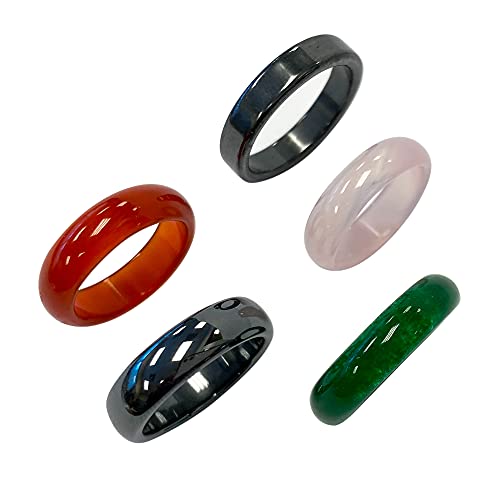 Gem Avenue Green and Light Pink Agate Hematite Carnalian Unisex Band Set Assorted Ring Sizes 6 to 9.5 Set of 5