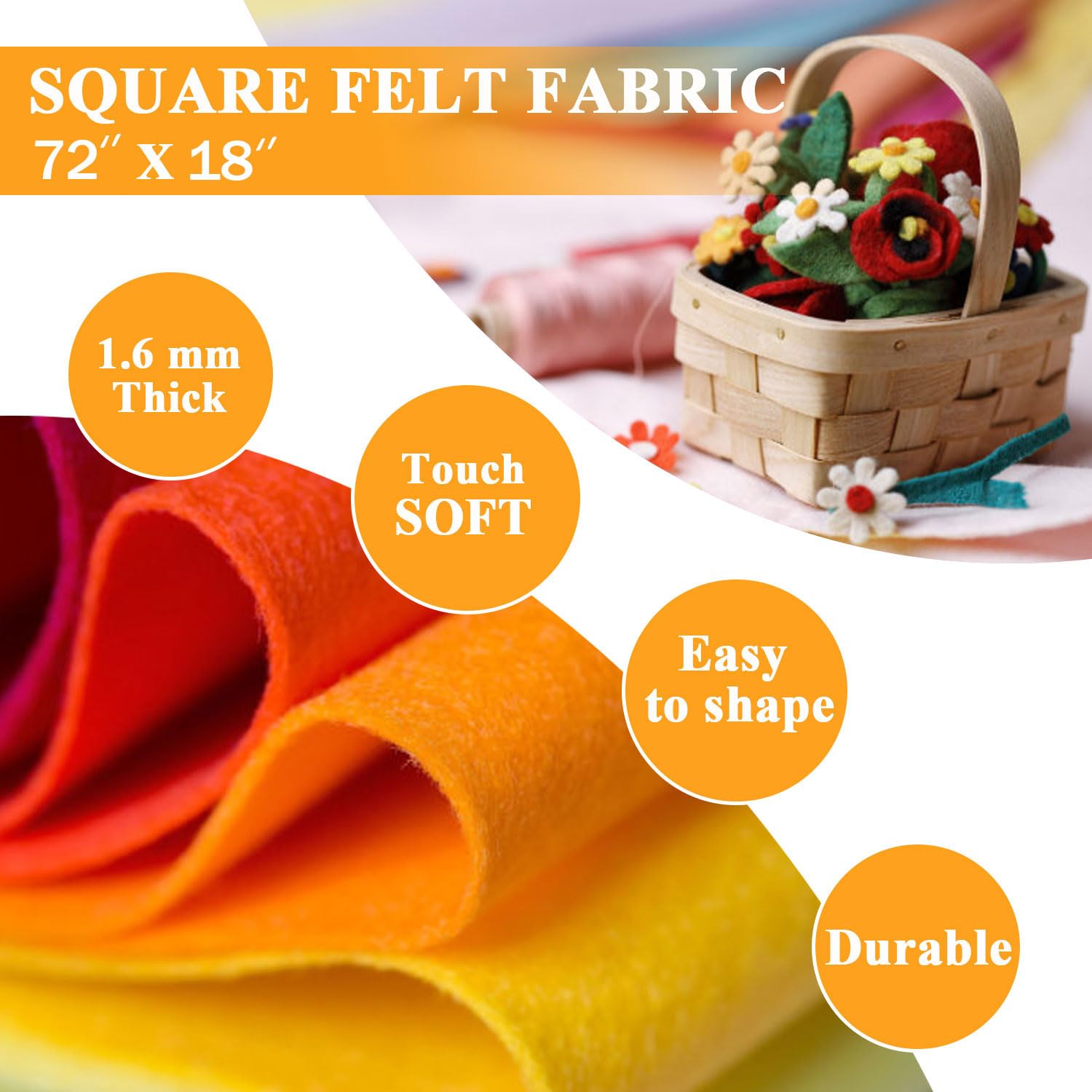 Orange Felt Fabric 72" X 18"(Half Yard), 1.6mm Thick Soft and Durable Flexible Craft Acrylic Felt by The Yard for Sewing DIY Art Craft Project Decorations
