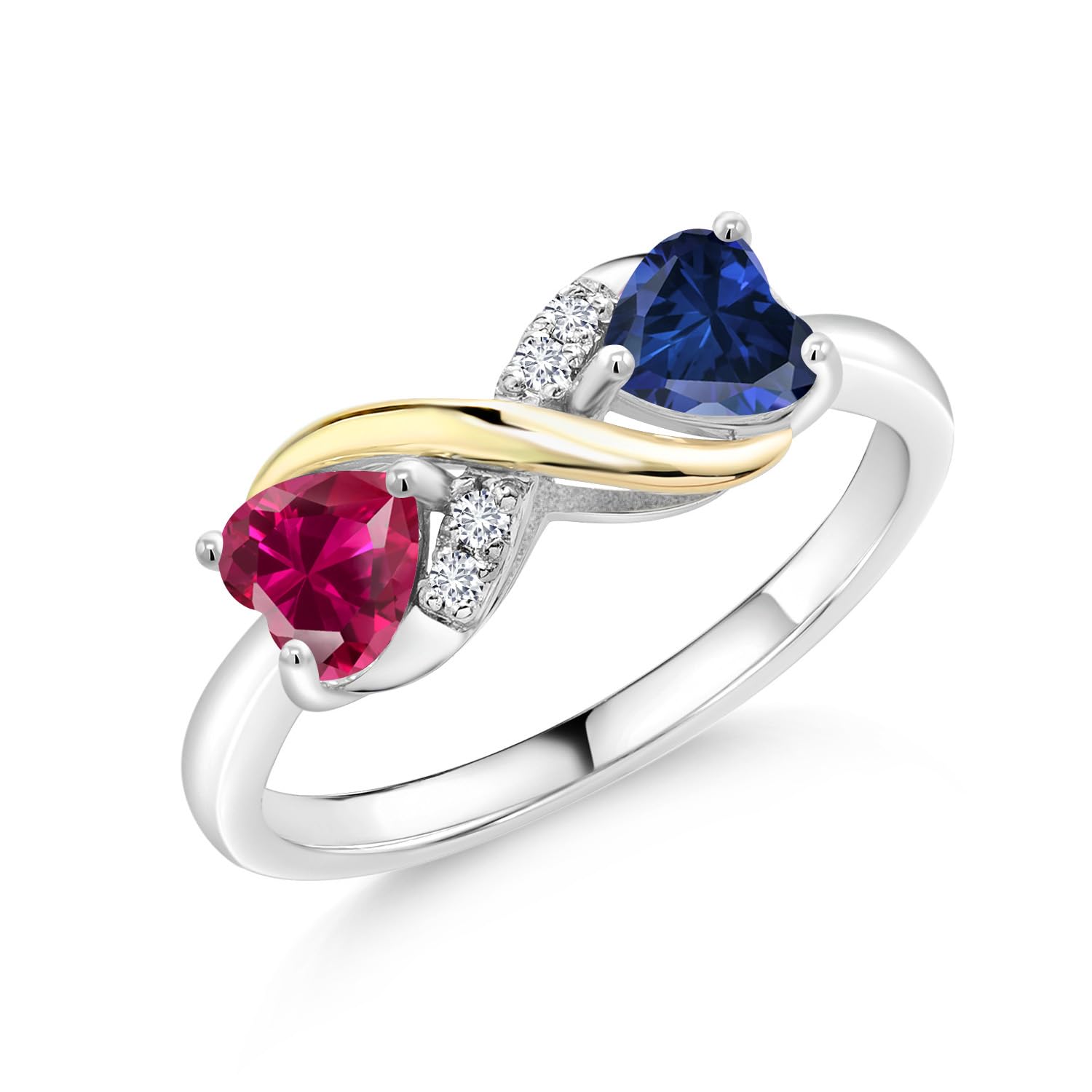 Gem Stone King 925 Sterling Silver and 10K Yellow Gold Red Created Ruby Blue Created Sapphire and Lab Grown Diamond Ring For Women (1.14 Cttw, Available In Size 5, 6, 7, 8, 9)