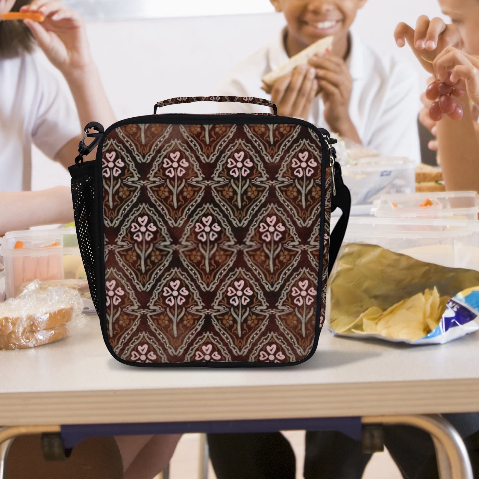 Hapuxt Lunch Box Lunch Bag with Adjustable Shoulder Strap Tote for Women Men Boho Flowers Brown Insulated Waterproof Resable Zipper Outdoor Work Office Picnic