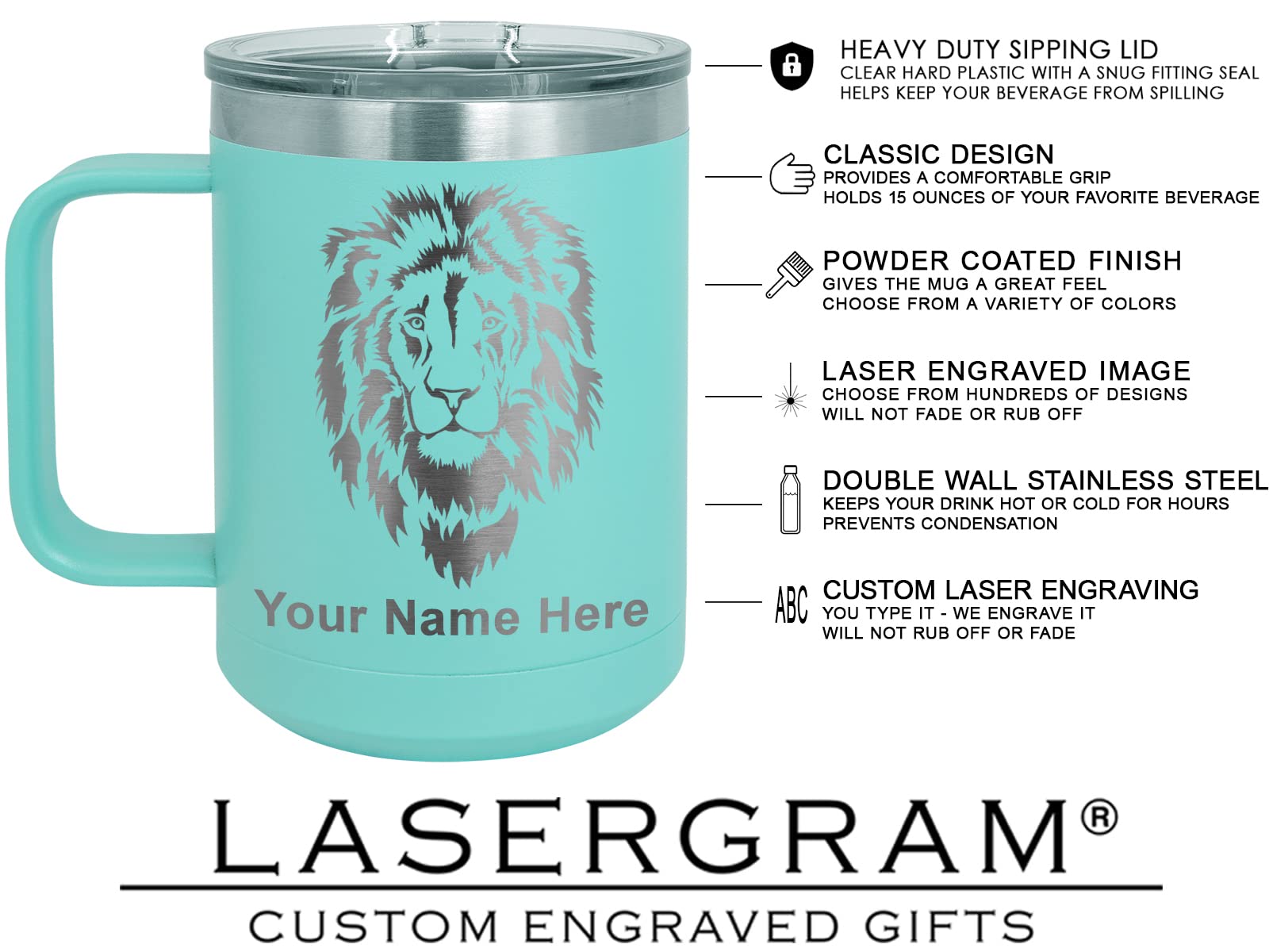 LaserGram 15oz Vacuum Insulated Coffee Mug, Sign Language I Love You, Personalized Engraving Included (Teal)