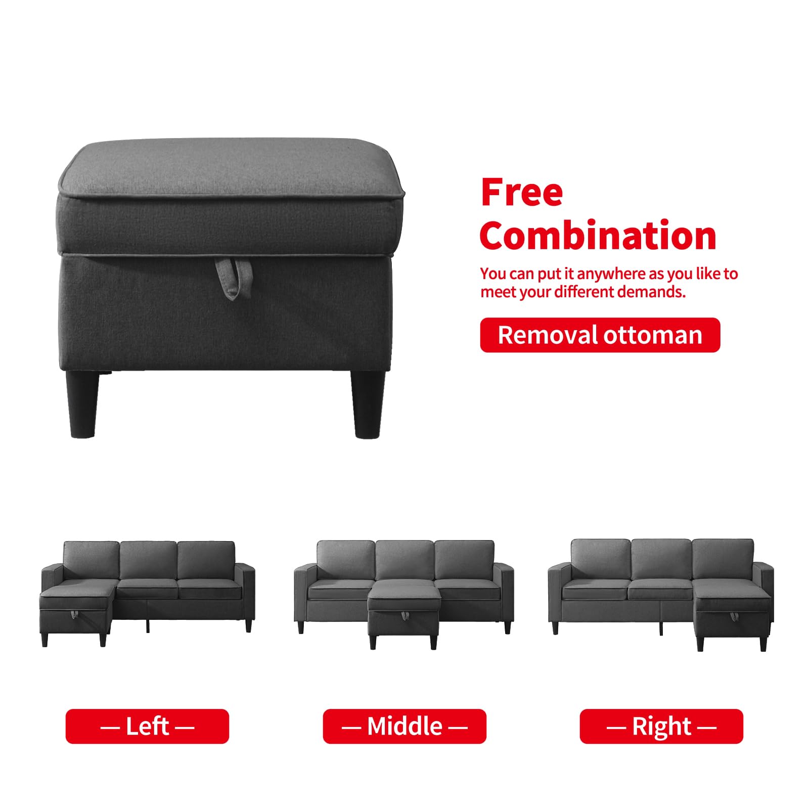 PUREMIND 89 Inches Sectional Sofa, Linen L-Shaped Couches with Reversible Storage Ottoman, Wooden Legs, 3-Seat Modern Convertible Sectional Couches for Living Room (Dark Grey)