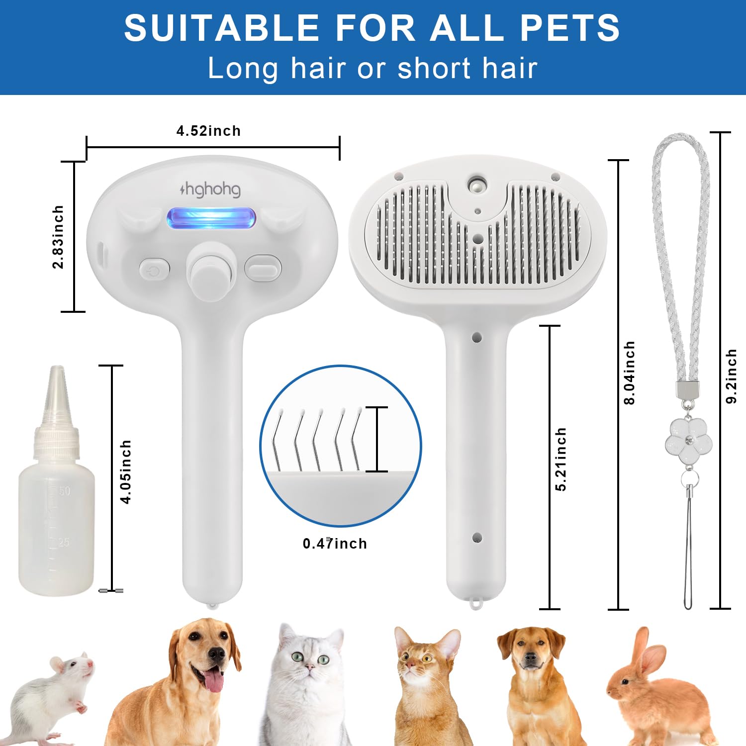 Pet Steam Hair Comb Brush for Shedding, 4 In 1 Spray Brush for Long & Short Haired Cat&Dog, Self-Cleaning Hair Remover with Water Tank And LED Blue Light, Release Button (White)