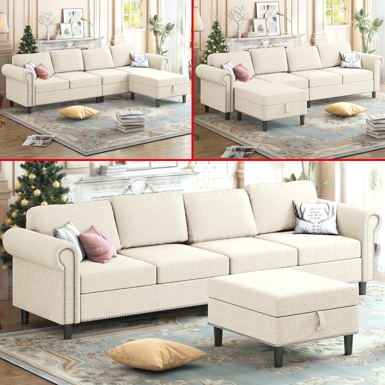PUREMIND Beige L Shape 102" Sectional Sofa Couch with Movable Storage Ottoman, Linen 4 Seat Convertible Couch with Reversible Chaise, Living Room Sets for Office, Apartment