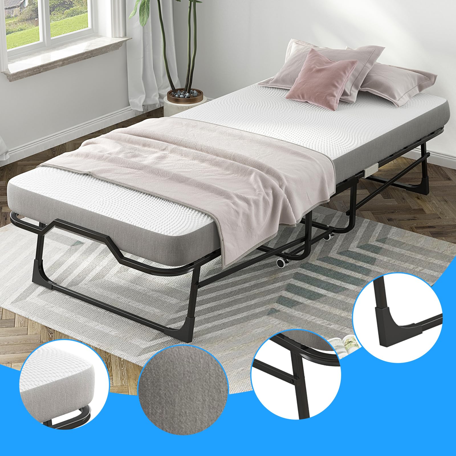 PUREMIND Folding Bed with Mattress for Adults,Twin Size Rollaway Bed with 5'' Memory Foam Mattress, Portable Foldable Bed Fold Up Guest Bed with Dustproof Bag & Baffle (Upgrade with Cover)